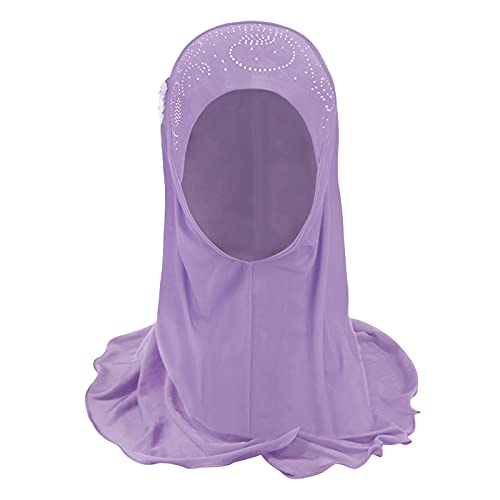 Ylucky Muslim Hijab Head Scarf Ice Silk Headwear Floral Kids Amira Hijab Islamic Head Wrap for Age 2-6 Years Girls (purple (6 flowers))