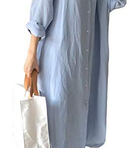 GGUHHU Womens Chic Button Down Rolled-Up Sleeve Long Cotton Blouse Maxi Dress (Medium, Light Blue)