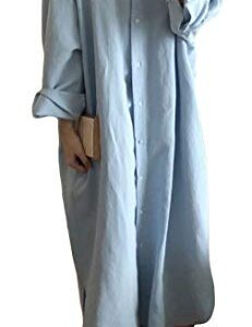 GGUHHU Womens Chic Button Down Rolled-Up Sleeve Long Cotton Blouse Maxi Dress (Medium, Light Blue)