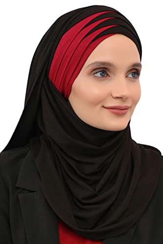 Aisha's Design Hijab Muslim Scarves for Women,0 Cotton Presewn Jersey Shawl Turban, 2-Color, Black - Dark Red