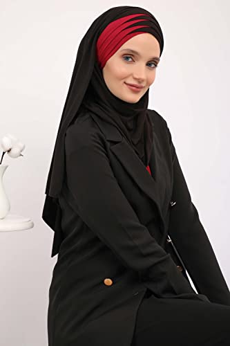 Aisha's Design Hijab Muslim Scarves for Women,0 Cotton Presewn Jersey Shawl Turban, 2-Color, Black - Dark Red