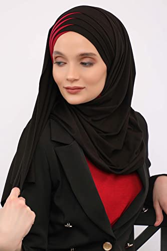 Aisha's Design Hijab Muslim Scarves for Women,0 Cotton Presewn Jersey Shawl Turban, 2-Color, Black - Dark Red