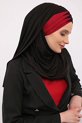 Aisha's Design Hijab Muslim Scarves for Women,0 Cotton Presewn Jersey Shawl Turban, 2-Color, Black - Dark Red