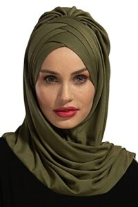 aisha’s design instant hijab for women muslim, presewn 95% cotton jersey turban, ready to wear scarf, army green