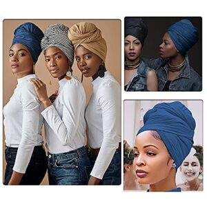 Harewom Head Wraps for Black Women Stretchy Head Scarf African Hair Wraps for Dreads Locs Natural Hair Turban Headwraps Jersey Tie Headbands(Denime Blue and Grey)