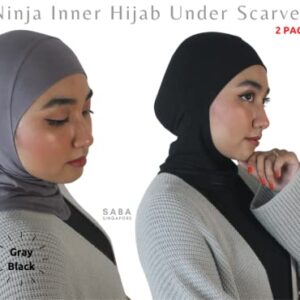 Ninja Bonnet Hijab Full Neck Coverage Under Scarf - Muslimah Stretchy Jersey Head Scarf Bonnet Accessories [Workout wear daily essentials] 1 Black + 1 Gray (SABANJ9501)