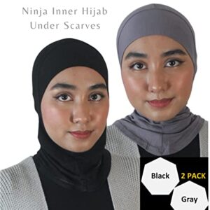 Ninja Bonnet Hijab Full Neck Coverage Under Scarf - Muslimah Stretchy Jersey Head Scarf Bonnet Accessories [Workout wear daily essentials] 1 Black + 1 Gray (SABANJ9501)