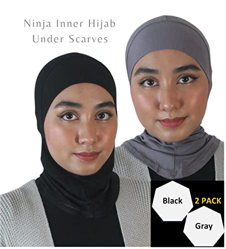 Ninja Bonnet Hijab Full Neck Coverage Under Scarf - Muslimah Stretchy Jersey Head Scarf Bonnet Accessories [Workout wear daily essentials] 1 Black + 1 Gray (SABANJ9501)