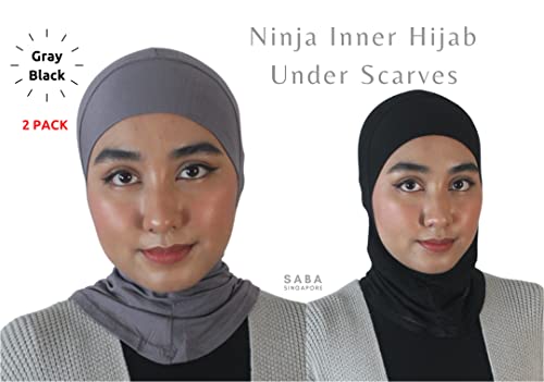 Ninja Bonnet Hijab Full Neck Coverage Under Scarf - Muslimah Stretchy Jersey Head Scarf Bonnet Accessories [Workout wear daily essentials] 1 Black + 1 Gray (SABANJ9501)