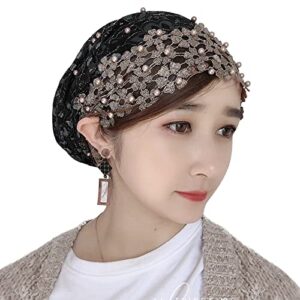 niceyst women turban hat cancer chemo beanie cap headscarf lace embroidery floral beaded islamic muslim hijab head wraps black, one size