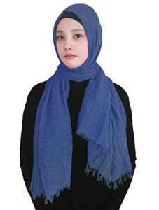 lina & lily solid color crepe crinkled scarf hijab with frayed edges (jean blue)