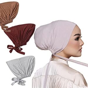 3 Pieces Adjustable Muslim Inner Under Hijab Cap with Ties Back Islamic Under Scarf Bonnet Caps Chemo Cap (Coffee)