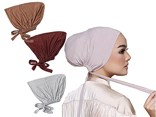 3 Pieces Adjustable Muslim Inner Under Hijab Cap with Ties Back Islamic Under Scarf Bonnet Caps Chemo Cap (Coffee)