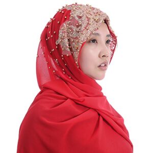 Lina & Lily Chiffon Muslim Hijab Shawl Gold Glitters Beads (Red)