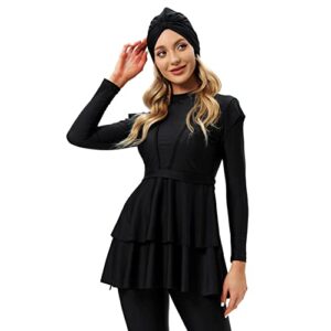 muslim swimsuits for women modest islamic swimwear burkini full cover hijab long sleeve muslim dress tops + pants set with swimming cap costume sun protection beachwear bathing suits black xl