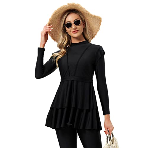 Muslim Swimsuits for Women Modest Islamic Swimwear Burkini Full Cover Hijab Long Sleeve Muslim Dress Tops + Pants Set with Swimming Cap Costume Sun Protection Beachwear Bathing Suits Black XL