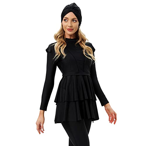 Muslim Swimsuits for Women Modest Islamic Swimwear Burkini Full Cover Hijab Long Sleeve Muslim Dress Tops + Pants Set with Swimming Cap Costume Sun Protection Beachwear Bathing Suits Black XL