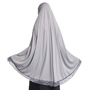 khalat Women's Elegant Hijab Lace Trim Muslim Islamic Ramadan Soft Lightweight Hijab Long Scarf Grey