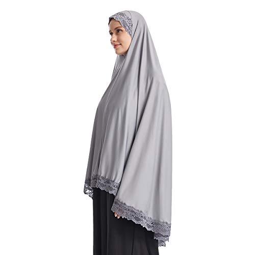 khalat Women's Elegant Hijab Lace Trim Muslim Islamic Ramadan Soft Lightweight Hijab Long Scarf Grey