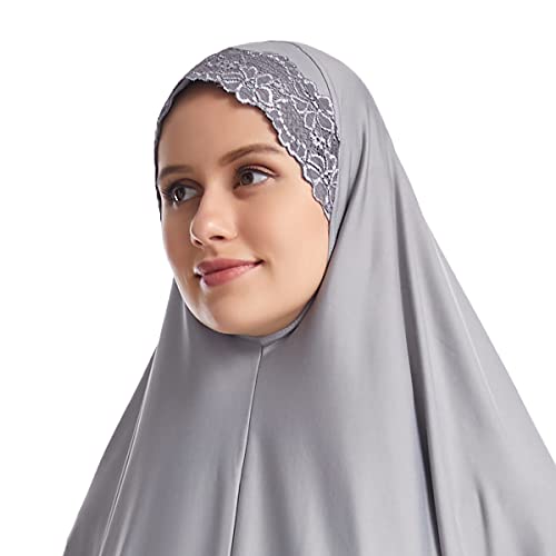 khalat Women's Elegant Hijab Lace Trim Muslim Islamic Ramadan Soft Lightweight Hijab Long Scarf Grey