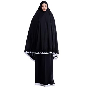 muslim women’s full cover two pieces long hijab thobe abaya set (one size, black)