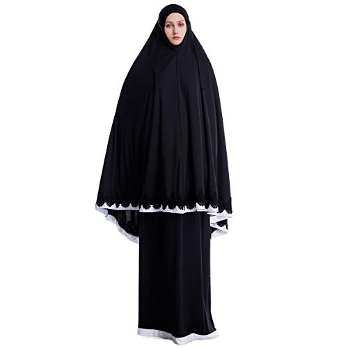 Muslim Women's Full Cover Two Pieces Long Hijab Thobe Abaya Set (One Size, Black)