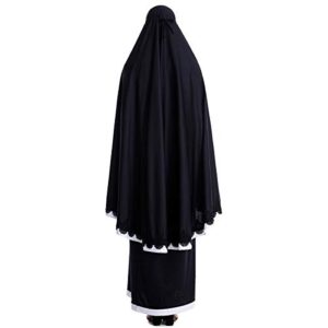 Muslim Women's Full Cover Two Pieces Long Hijab Thobe Abaya Set (One Size, Black)