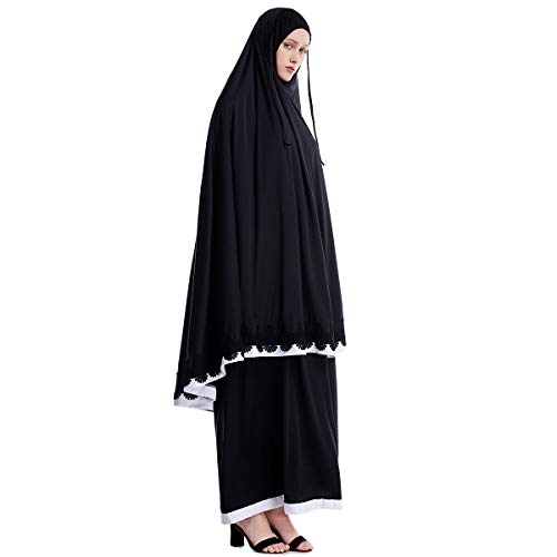 Muslim Women's Full Cover Two Pieces Long Hijab Thobe Abaya Set (One Size, Black)