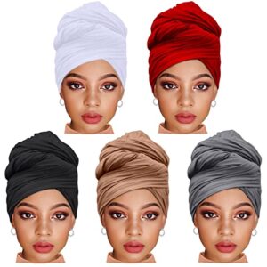 zrq 5 pieces headwraps for women stretch jersey turbans scarf soft urban hijab solid color multicolor combination african headwear fashion headband (black,camel,bright burgundy,white,dark grey)