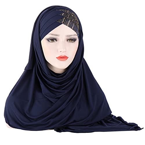 AIBEARTY Women Glitter Sequin Hijab Muslim Head Wrap Scarf Long Turban Headband Hair Cap Shawl (Navy)