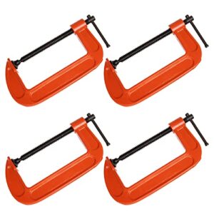 cyeah 5 inch c clamps heavy duty 4 pcs malleable iron c-clamp g clamp, up to 5 inch jaw opening, 3 inch throat depth with t-bar handle for woodworking, welding, building (orange)