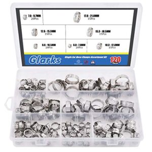 glarks 120pcs 7-21mm 304 stainless steel single ear hose clamps assortment kit