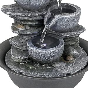 Xpiyaer 10.6” High Cascading Tabletop Fountain w/LED Light - 4-Tier Bowls Rock Water Fountains Indoor Small Relaxation Waterfall Feature for Home, Office and End Table Decoration (10.6" high, Gray)