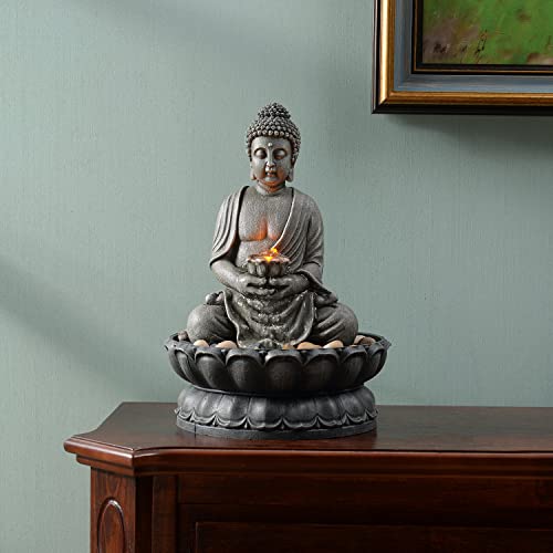 GOSSI 11.2 in Tall Indoor Tabletop Buddha Fountains Desk Water Fountain Sitting Buddha Fountain Zen Fountain w/ Reflective Lighting/Cobblestone Office and Home Decor