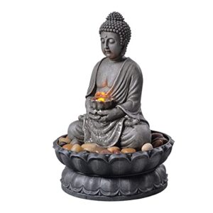 GOSSI 11.2 in Tall Indoor Tabletop Buddha Fountains Desk Water Fountain Sitting Buddha Fountain Zen Fountain w/ Reflective Lighting/Cobblestone Office and Home Decor