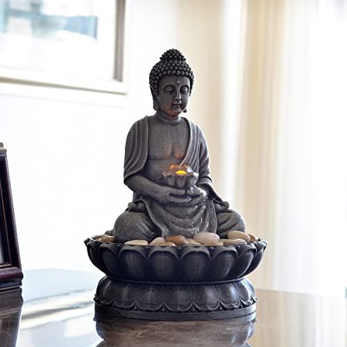 GOSSI 11.2 in Tall Indoor Tabletop Buddha Fountains Desk Water Fountain Sitting Buddha Fountain Zen Fountain w/ Reflective Lighting/Cobblestone Office and Home Decor