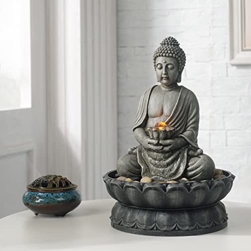 GOSSI 11.2 in Tall Indoor Tabletop Buddha Fountains Desk Water Fountain Sitting Buddha Fountain Zen Fountain w/ Reflective Lighting/Cobblestone Office and Home Decor