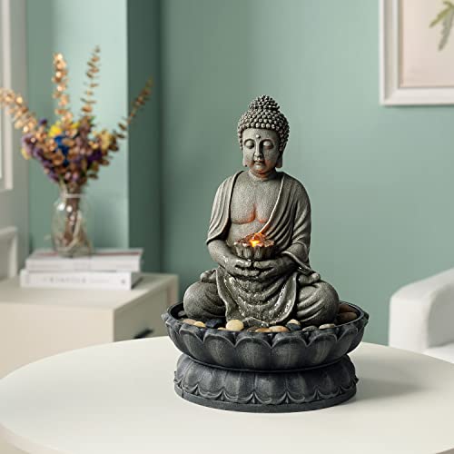 GOSSI 11.2 in Tall Indoor Tabletop Buddha Fountains Desk Water Fountain Sitting Buddha Fountain Zen Fountain w/ Reflective Lighting/Cobblestone Office and Home Decor