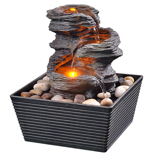 GOSSI 3-Tiered Cascading Tabletop Water Fountains with LED Light - Indoor Simulation Rock Waterfall Fountain - Soothing and Relaxing Water Sound - Small 8.3 Inch Desktop Size - Home/Office Decor