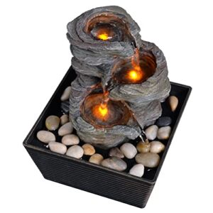 GOSSI 3-Tiered Cascading Tabletop Water Fountains with LED Light - Indoor Simulation Rock Waterfall Fountain - Soothing and Relaxing Water Sound - Small 8.3 Inch Desktop Size - Home/Office Decor