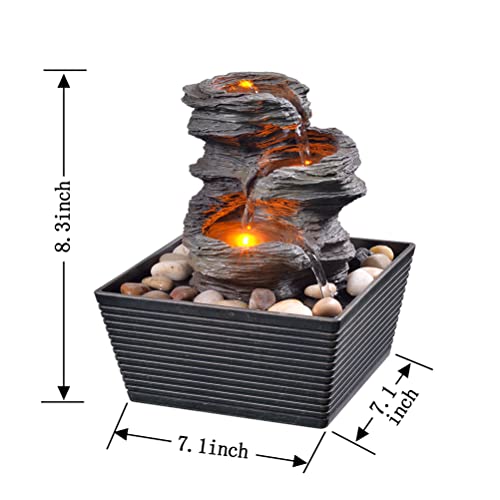 GOSSI 3-Tiered Cascading Tabletop Water Fountains with LED Light - Indoor Simulation Rock Waterfall Fountain - Soothing and Relaxing Water Sound - Small 8.3 Inch Desktop Size - Home/Office Decor