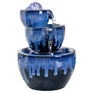 Ceramic Tabletop Fountain with Ball for Indoor Table Desk Office Home Decoration (Blue)