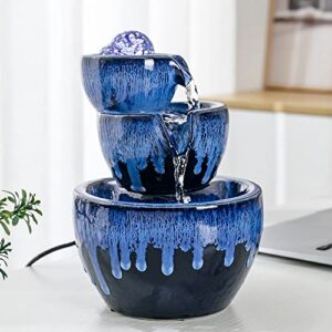 ceramic tabletop fountain with ball for indoor table desk office home decoration (blue)