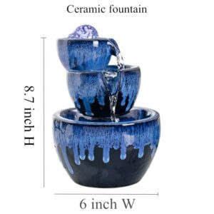 Ceramic Tabletop Fountain with Ball for Indoor Table Desk Office Home Decoration (Blue)