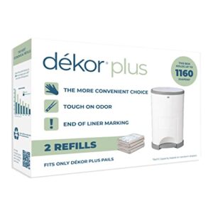 dekor plus diaper pail refills|2 count|most economical refill system|quick & easy to replace|no preset bag size–use only what you need|exclusive end-of-liner marking|baby powder scent package may vary