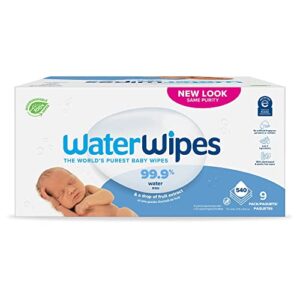 waterwipes plastic-free original baby wipes, 99.9% water based wipes, unscented & hypoallergenic for sensitive skin, 540 count (9 packs), packaging may vary