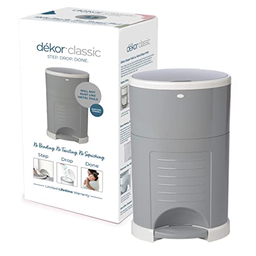 Dekor Classic Hands-Free Diaper Pail | Gray | Easiest to Use | Just Step – Drop – Done | Doesn’t Absorb Odors | 20 Second Bag Change | Most Economical Refill System