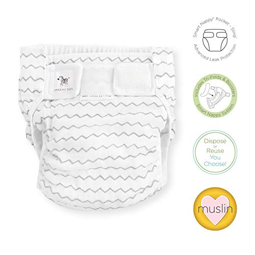 SmartNappy Cotton Muslin by Amazing Baby, NextGen Hybrid Cloth Diaper Cover + 1 Tri-fold Reusable Insert + 1 Reusable Booster, Mini Chevron, Gray, Size 3, 12-25 lbs