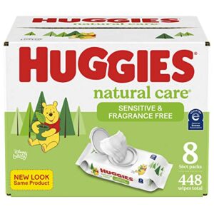 baby wipes, huggies natural care sensitive baby diaper wipes, unscented, hypoallergenic, 8 flip-top packs, 56 count (pack of 8)