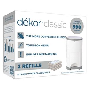 dekor classic diaper pail refills | 2 count | most economical refill system | quick & easy to replace | no preset bag size – use only what you need | exclusive end-of-liner marking | baby powder scent